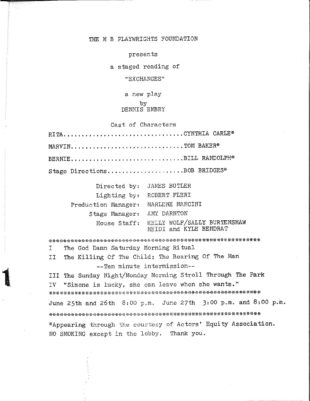 Exchanges | HB Studio - A Play by Dennis Embry, 1983